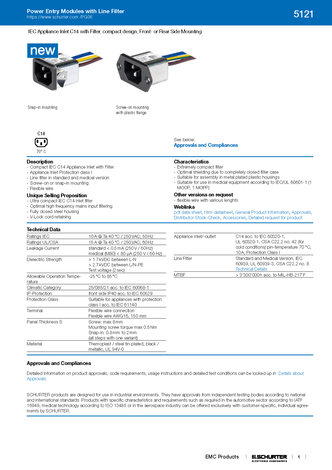 高效能、超小巧 - 5121 带滤波器的IEC C14电源输入模块系列-icspec
