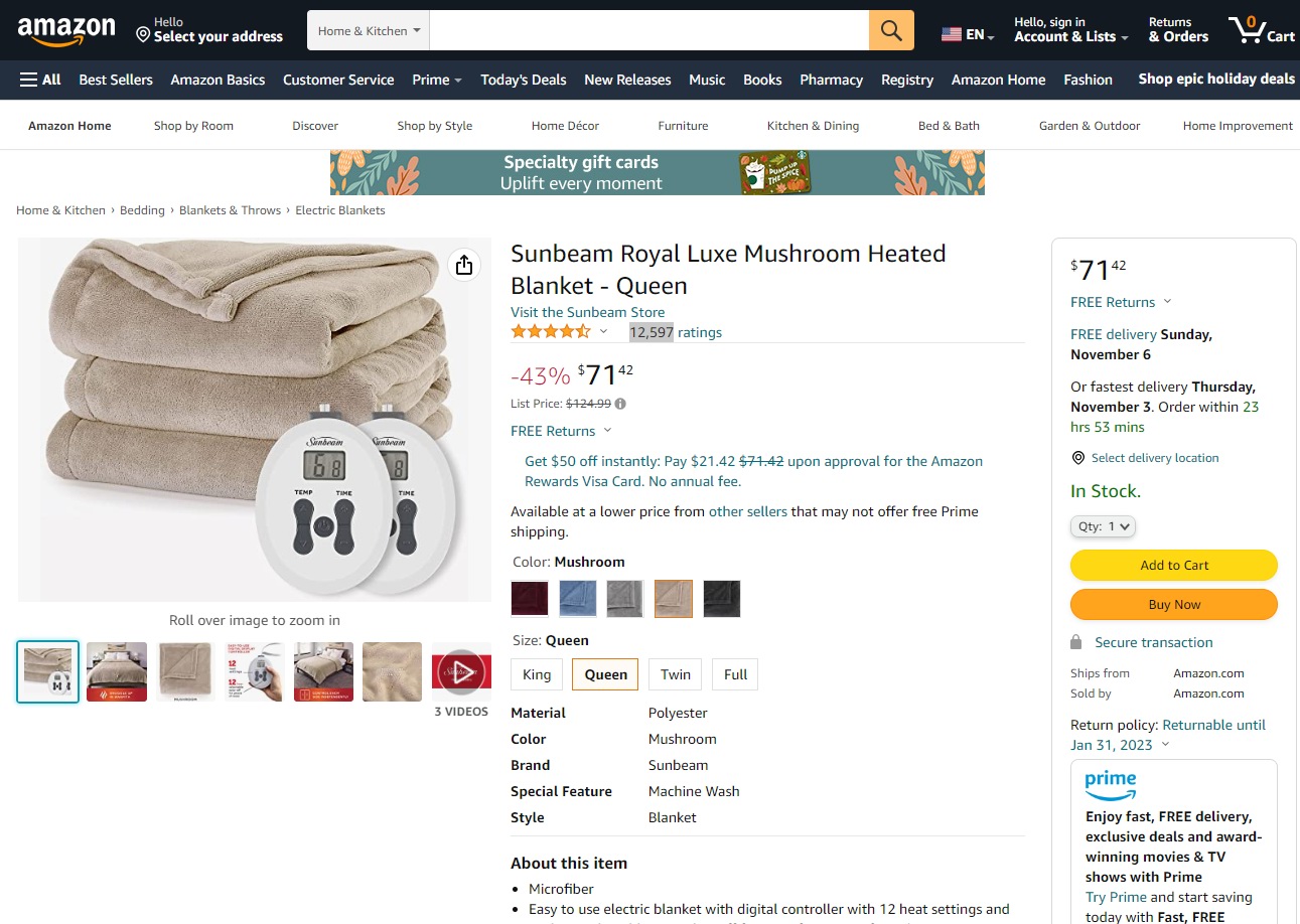 2022年10月美国亚马逊电热毯销售榜单-icspec