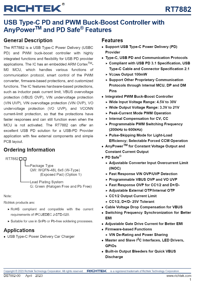 立锜科技推出内置多协议同步升降压控制器RT7882-icspec