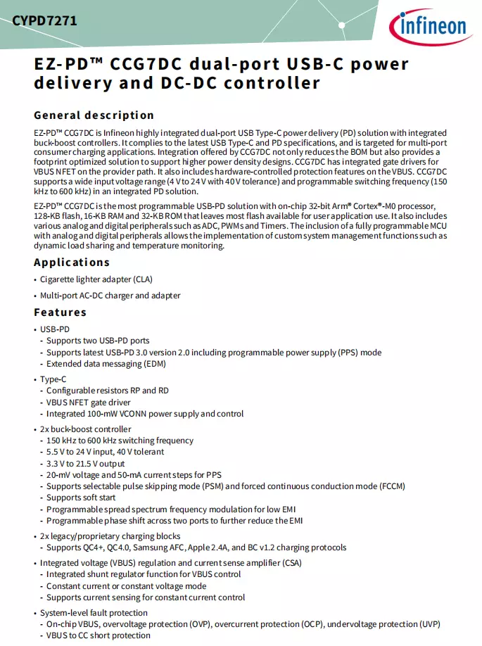 英飞凌推出单芯片双口输出快充芯片CCG7D-icspec